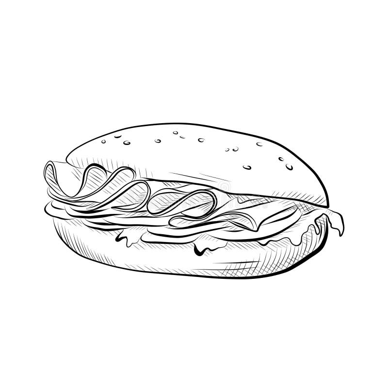 Drawing Lines. Art-line Sandwich with Ham, Greens, Cheese Stock Vector ...