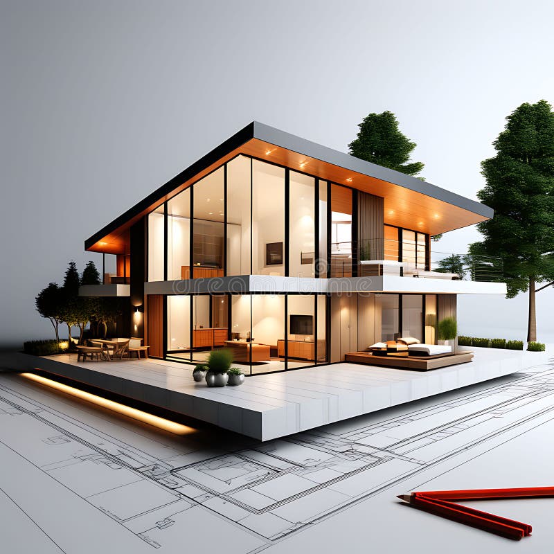 Drawing Lines of a 3D Render House on a White Background ...