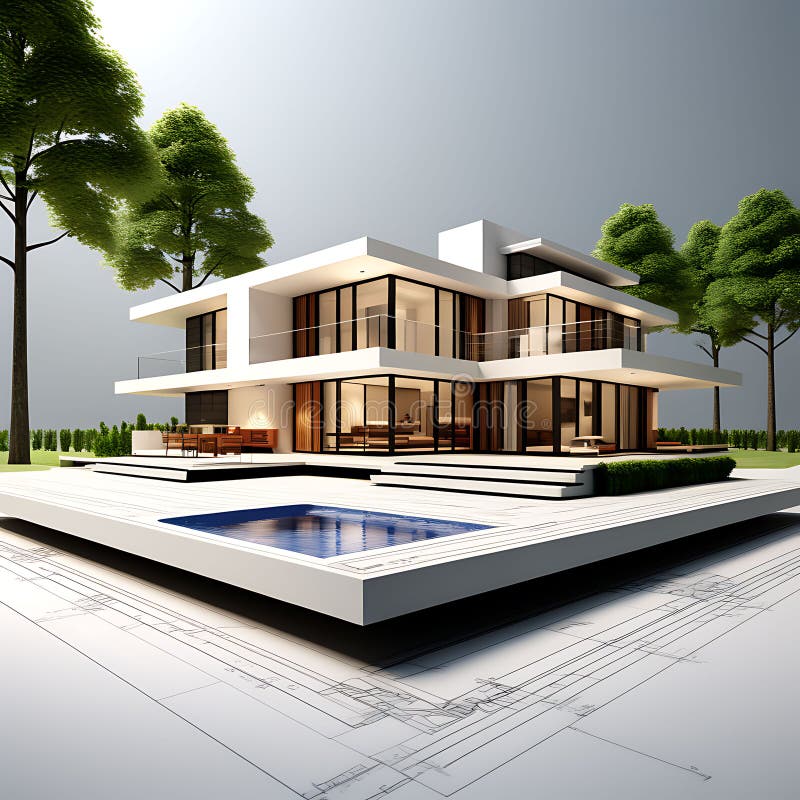 Drawing Lines of a 3D Render House on a White Background ...