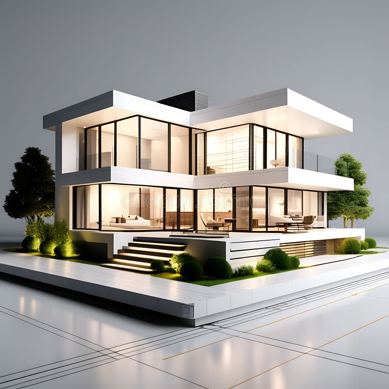 Drawing Lines of a 3D Render House on a White Background ...
