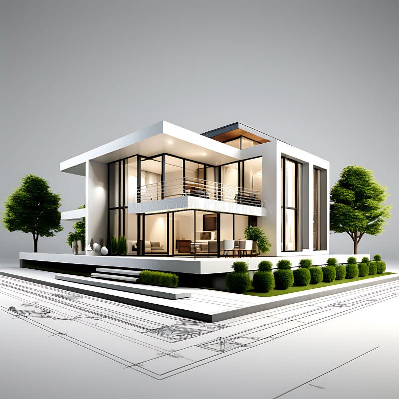 Drawing Lines of a 3D Render House on a White Background ...