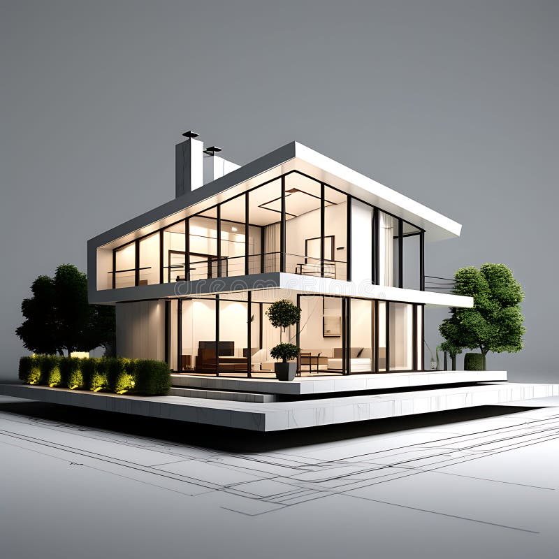 Drawing Lines of a 3D Render House on a White Background ...