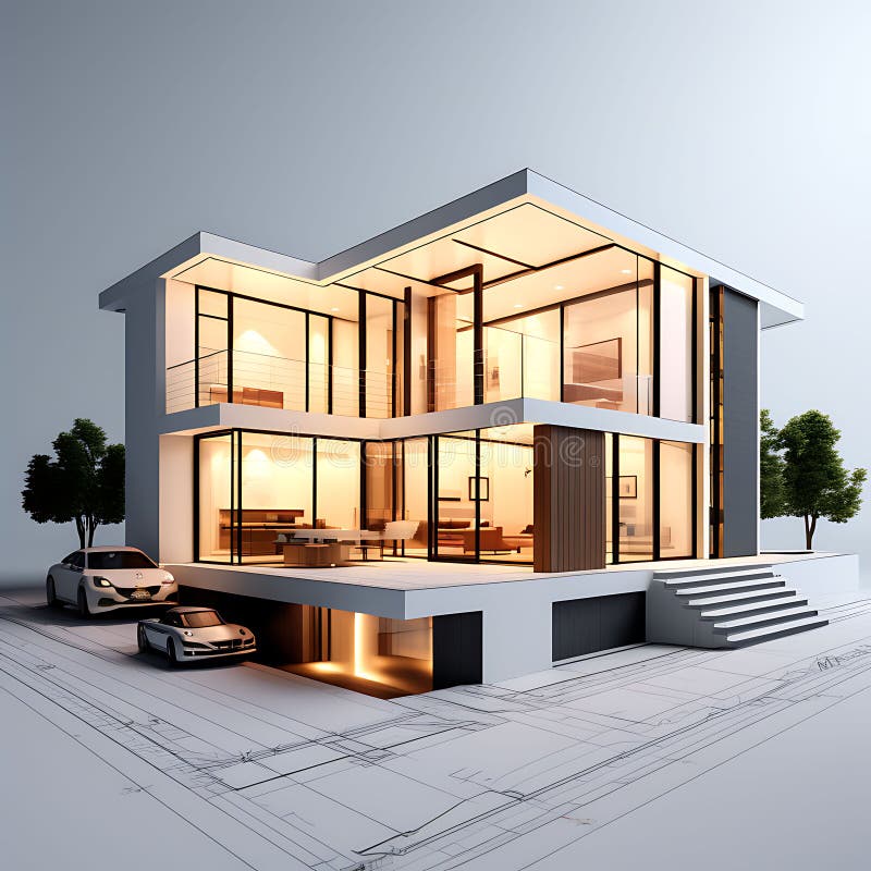 Drawing Lines of a 3D Render House on a White Background ...