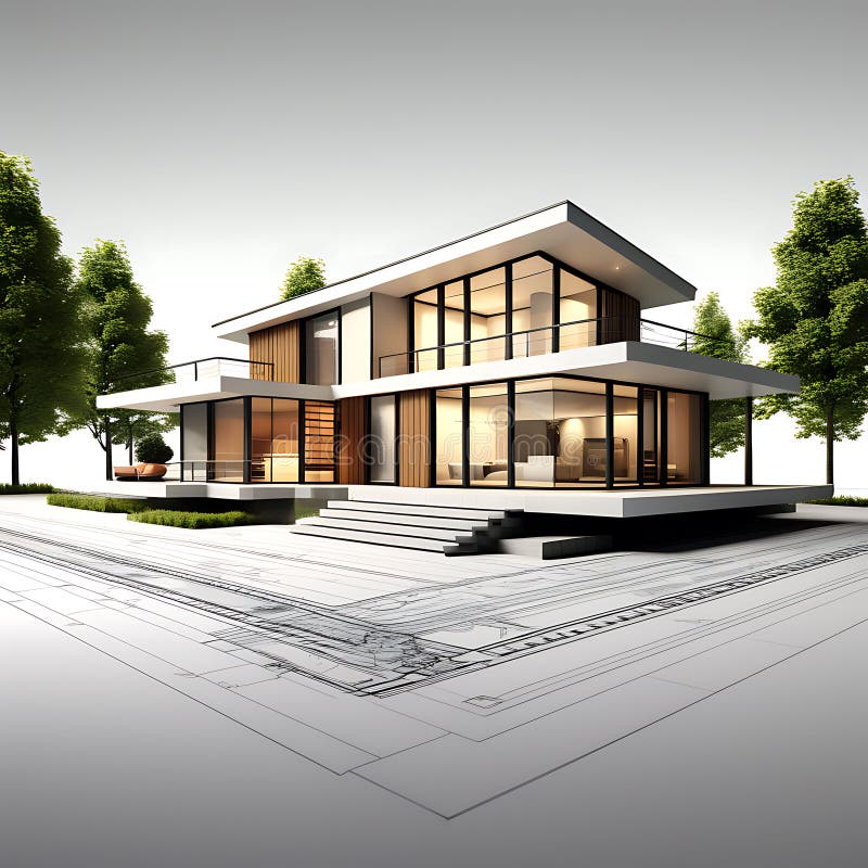 Drawing Lines of a 3D Render House on a White Background ...