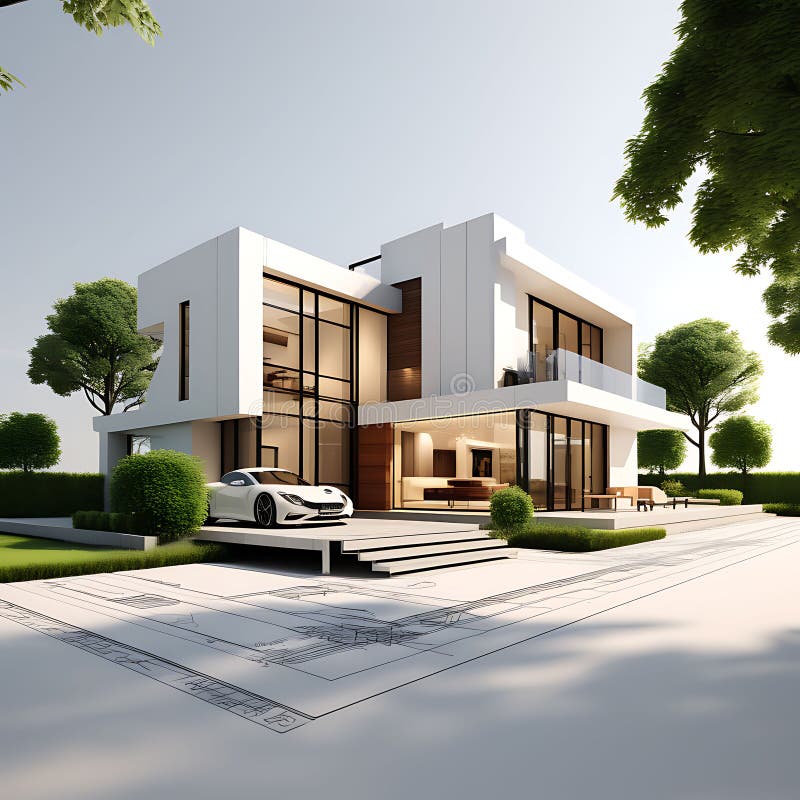 Drawing Lines of a 3D Render House on a White Background ...