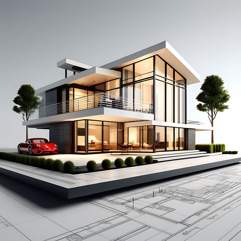 Drawing Lines of a 3D Render House on a White Background ...