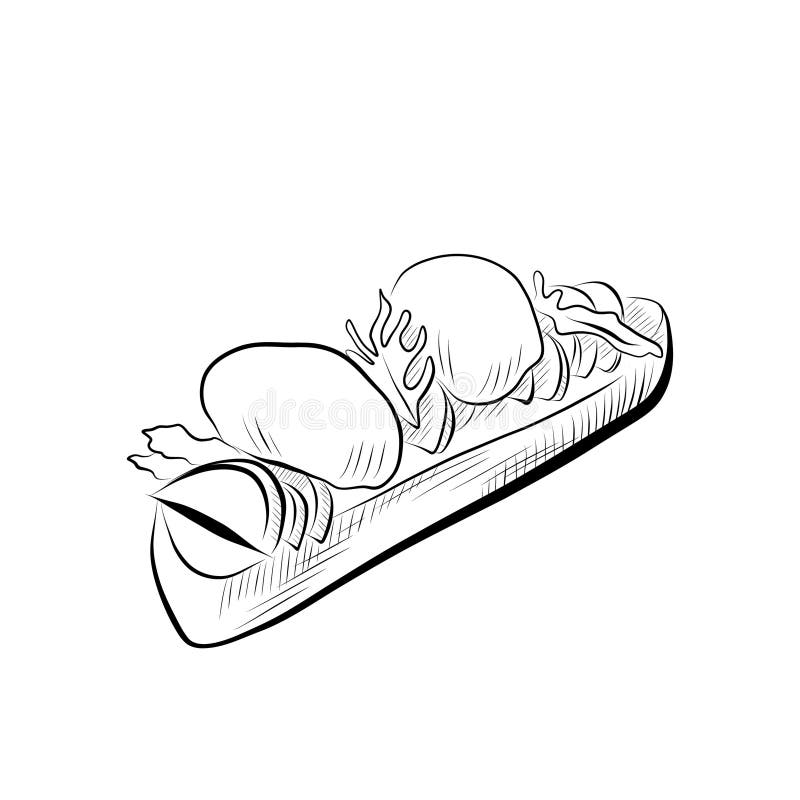 Drawing Lines. Line Art Breakfast, Bread with Poached Eggs and Herbs ...