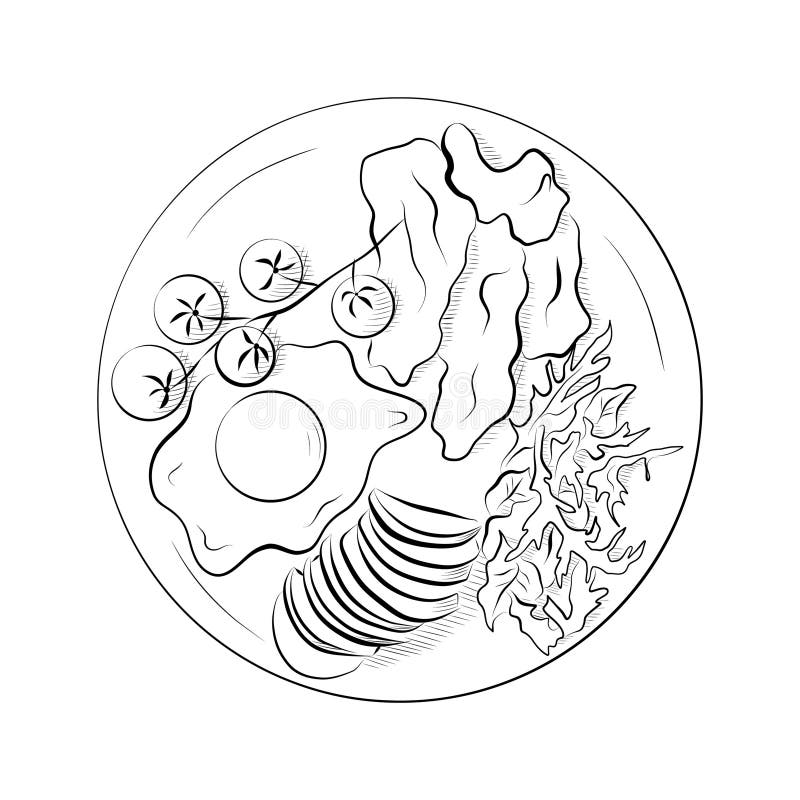 Drawing Lines. Line Art Plate with Breakfast Eggs, Bacon, Bread ...