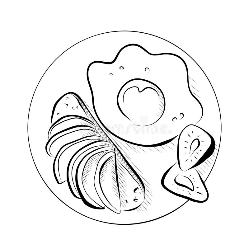 Drawing Lines. Line Art Plate with Breakfast Eggs, Bread with Cheese ...