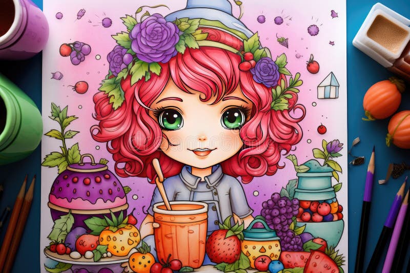 A Drawing of a Little Girl with a Cup of Tea. Generative Ai Stock ...