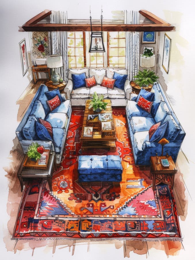 A Drawing of a Living Room with Blue and Red Couches, AI Stock Image ...