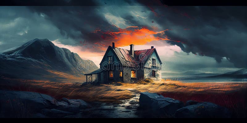 Drawing Lonely House in the Mountains in Dark Colors Generative AI ...