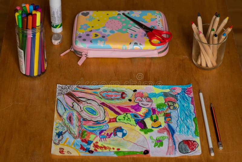 Drawing Made by a Child at Home Stock Image - Image of hand, happiness ...