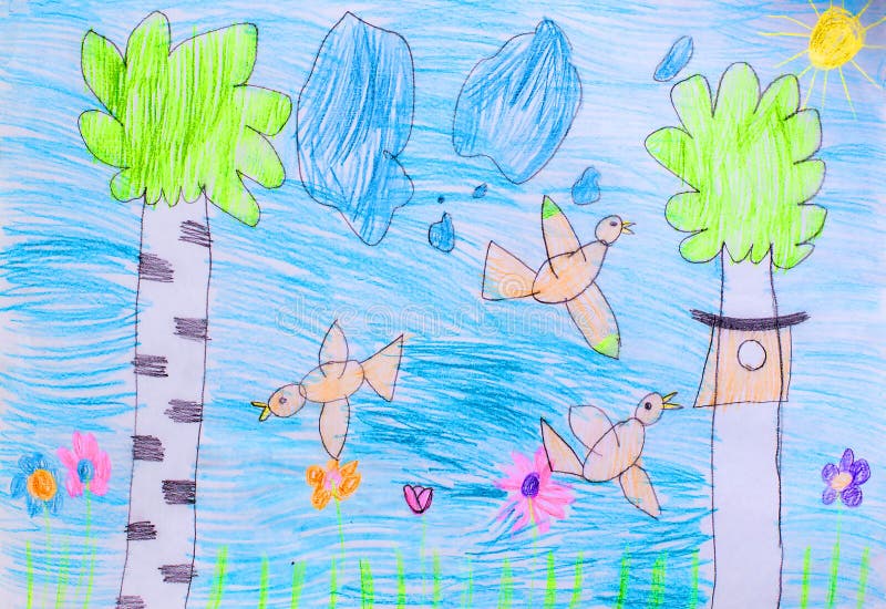 Drawing Made by a Child. Spring, Birds, Clouds Stock Photo - Image of ...