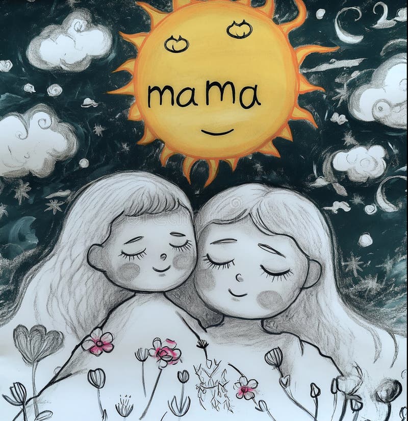 The Drawing of a Mama and Kid Stock Illustration - Illustration of ...