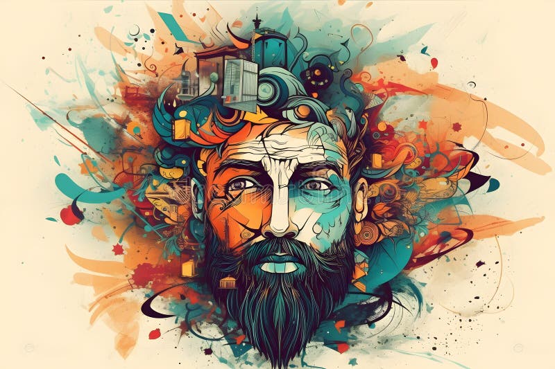 Drawing of Man with Beard and Clock on His Head. Generative AI Stock ...