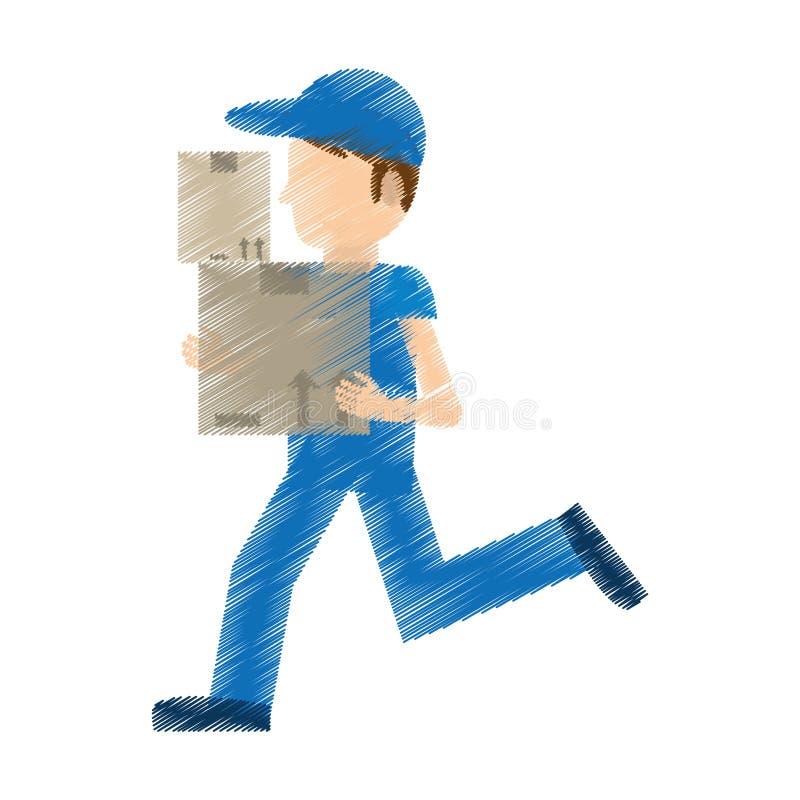 Drawing Man Delivery Running Box Work Stock Illustration - Illustration ...