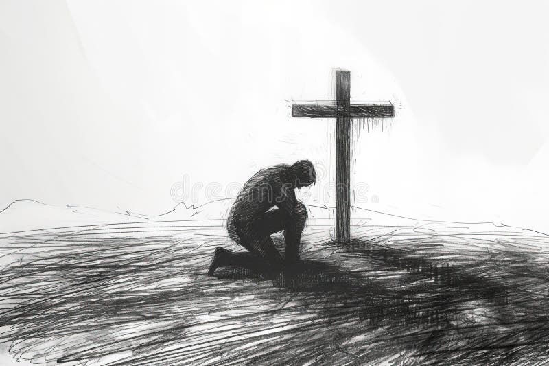 Drawing of a Man Kneeling at the Cross. Generative AI Stock ...