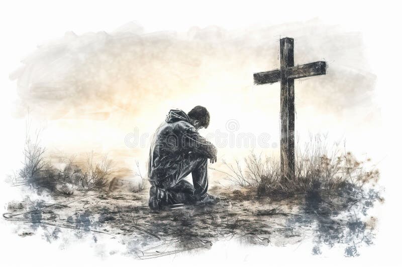 Drawing of a Man Kneeling at the Cross. Generative AI Stock ...