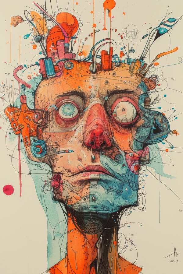 A Drawing of a Man with Many Different Objects on His Head, AI Stock ...