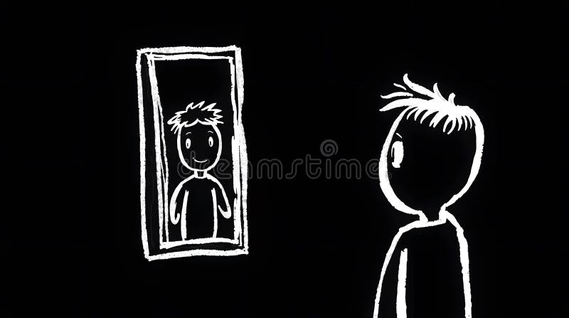 Drawing of a Man in a Mirror on a Black Background. Stock Illustration ...