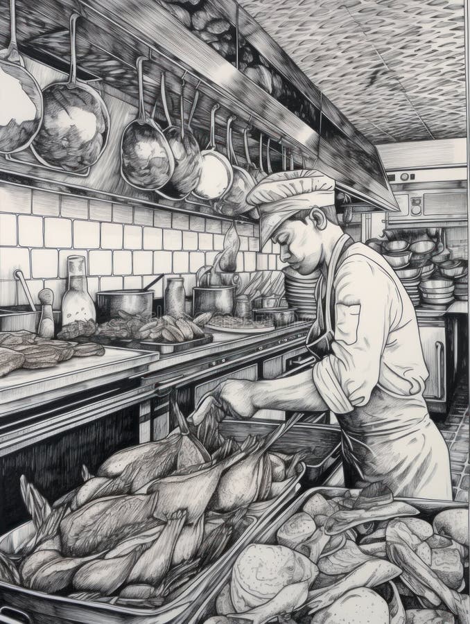 A Drawing of a Man Preparing Food in a Kitchen. AI Generative Image ...