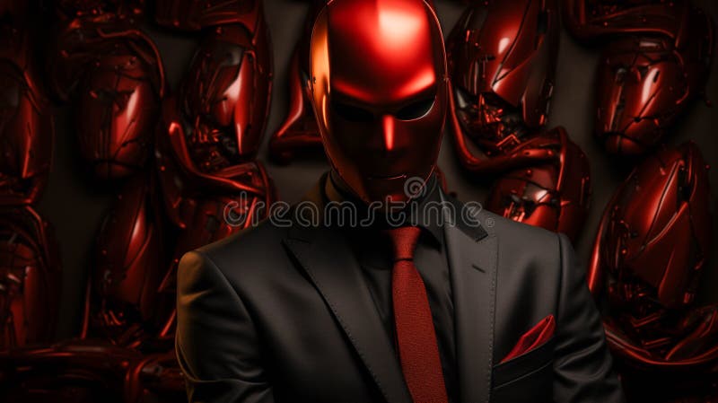 Drawing of a Man with a Red Face and a Black Suit with a Red Mask on ...
