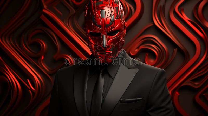 Drawing of a Man with a Red Face and a Black Suit with a Red Mask on ...