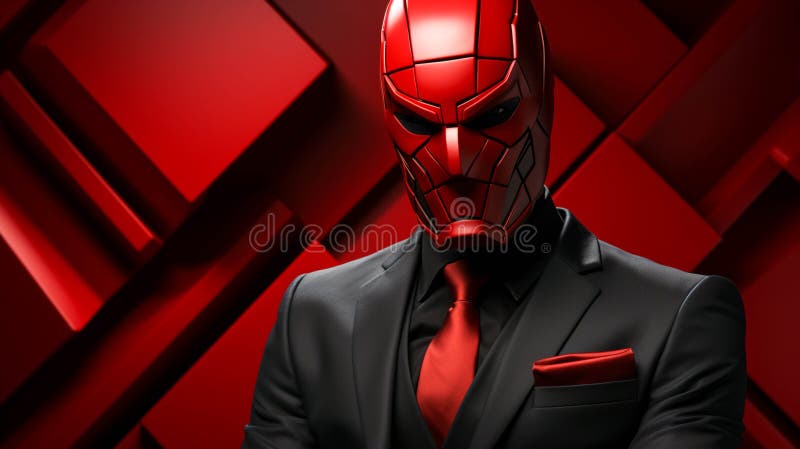Drawing of a Man with a Red Face and a Black Suit with a Red Mask on ...