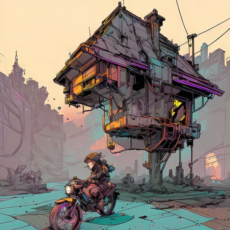 A Drawing of a Man Riding a Motorcycle in Front of a House Stock ...