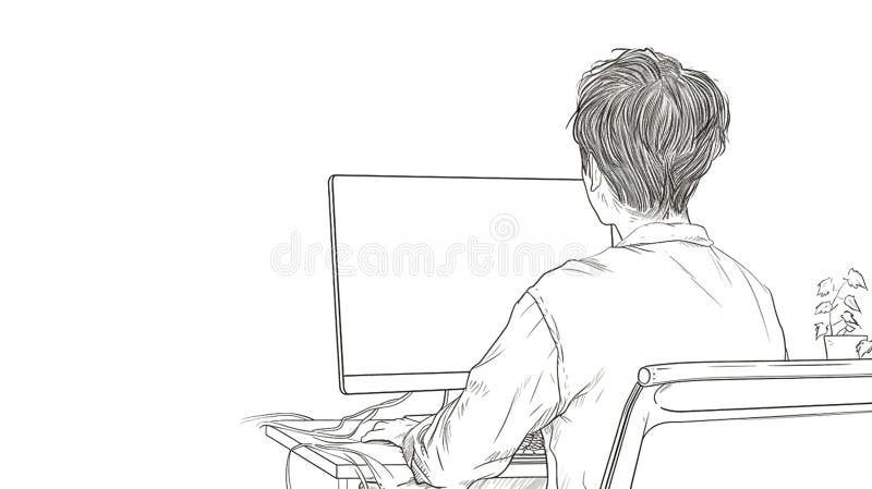 Drawing of a Man Sitting at a Desk with a Computer Stock Illustration ...