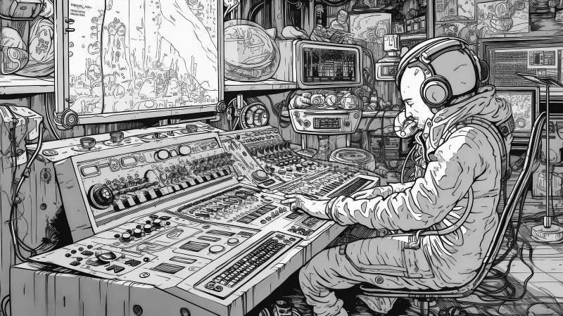 Drawing of Man Sitting at Desk with Headphones on. Generative AI Stock ...