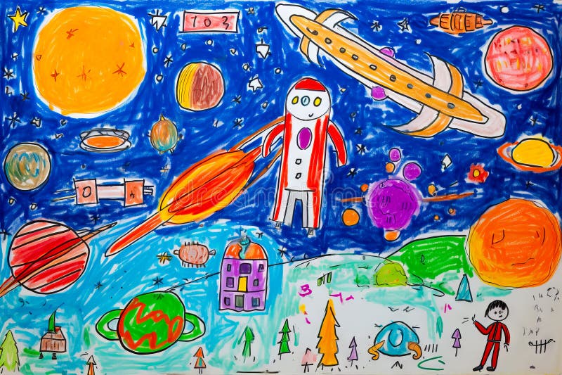 Drawing of Man in Space with Rocket and Stars. Generative AI Stock ...