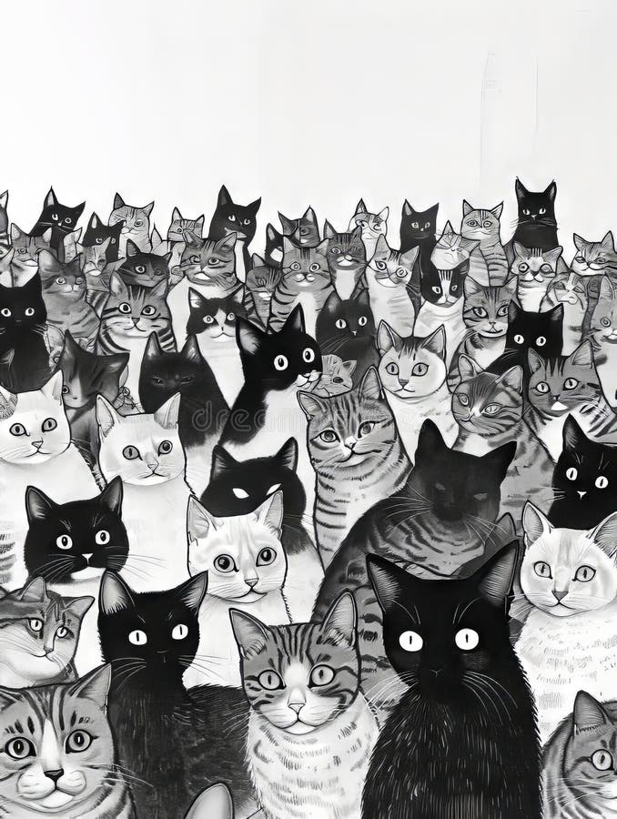 A Drawing of Many Cats in a Crowd Stock Image - Image of drawing, white ...