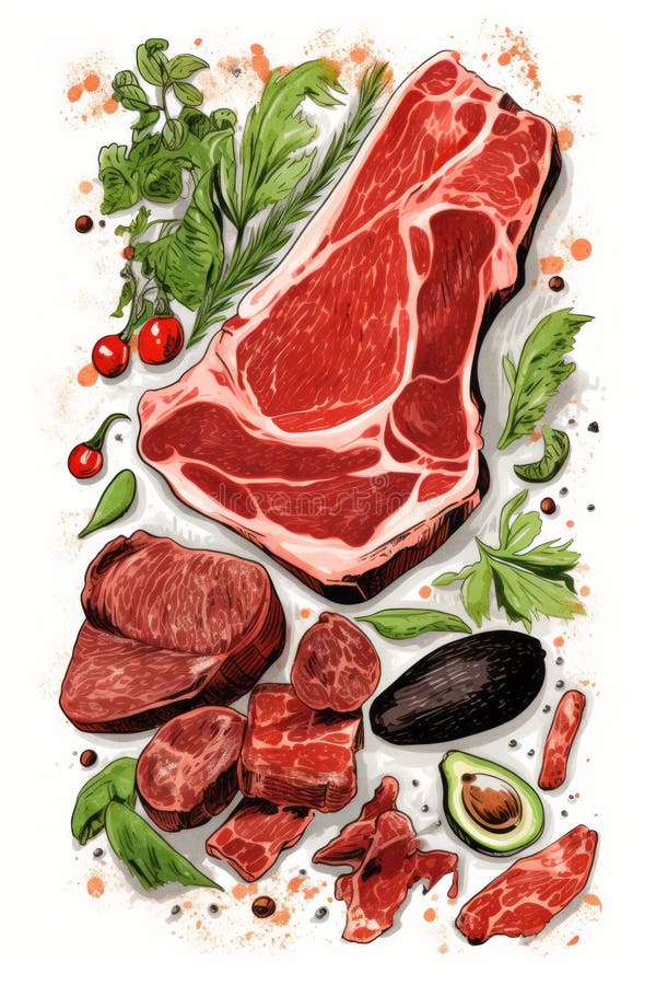 A Drawing of Meat and Vegetables on a White Background Stock ...