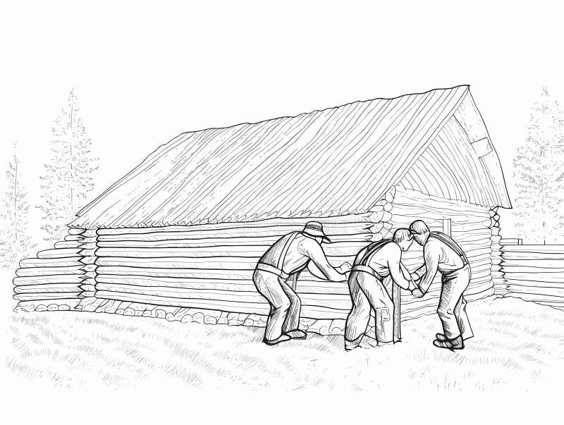 A Drawing of Men Working in Front of a Log Cabin - Construction ...