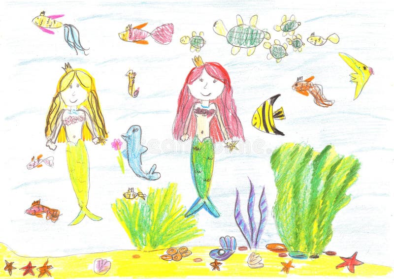 Drawing of a Mermaid, Fish, Turtle, Starfish Stock Illustration ...