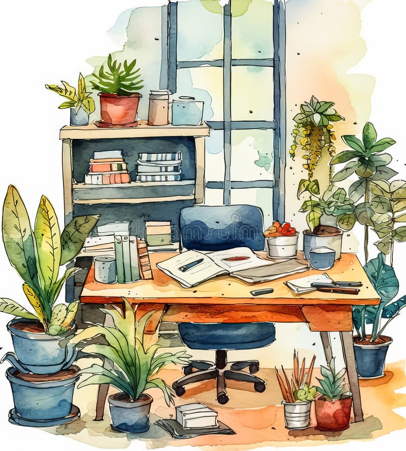A Drawing of a Messy Desk with a Potted Plant on the Left Side Stock ...