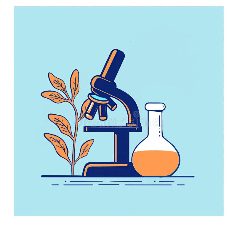 A Drawing of a Microscope with a Plant and a Beaker Stock Illustration ...