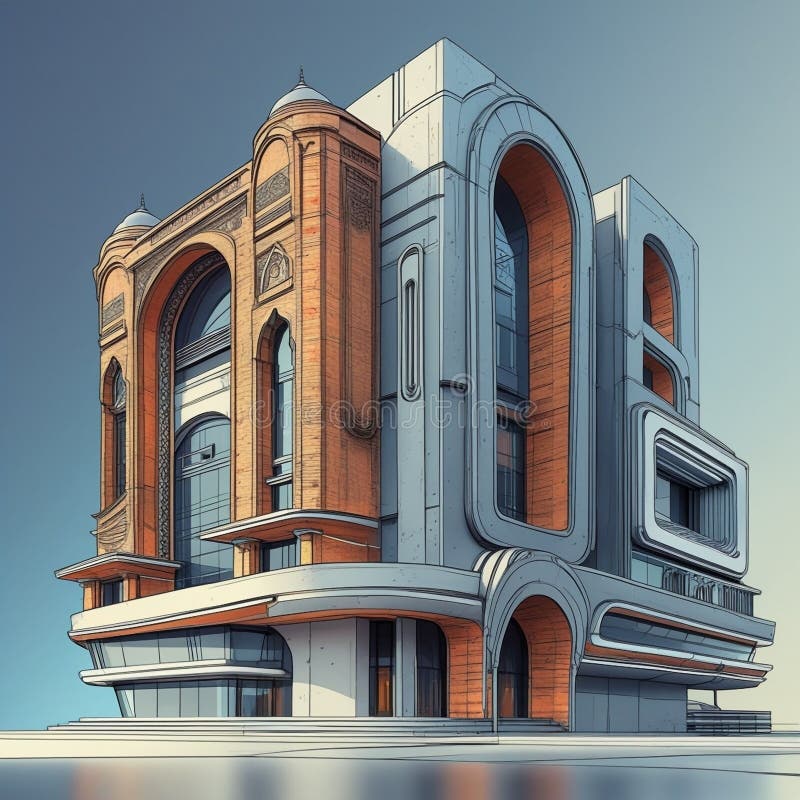 A Drawing of a Modern Building Featuring Sleek, Curved Windows that ...