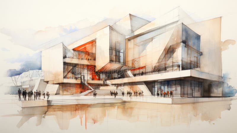 A Drawing of a Modern Building with People Walking Around, AI Stock ...
