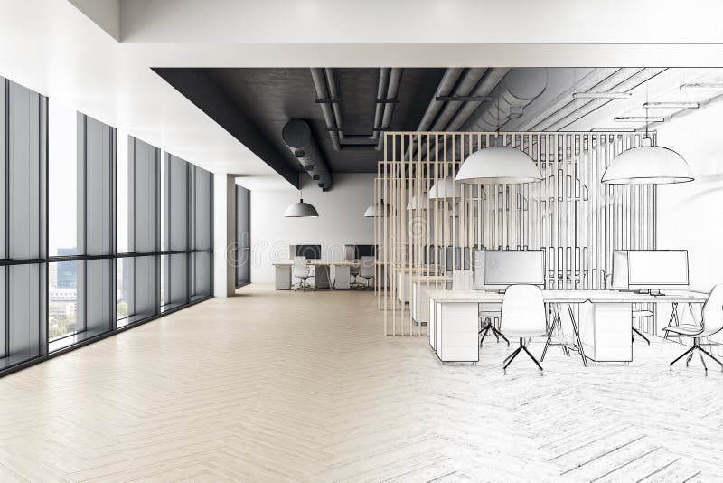 Drawing Modern Coworking Office Interior Stock Illustration ...