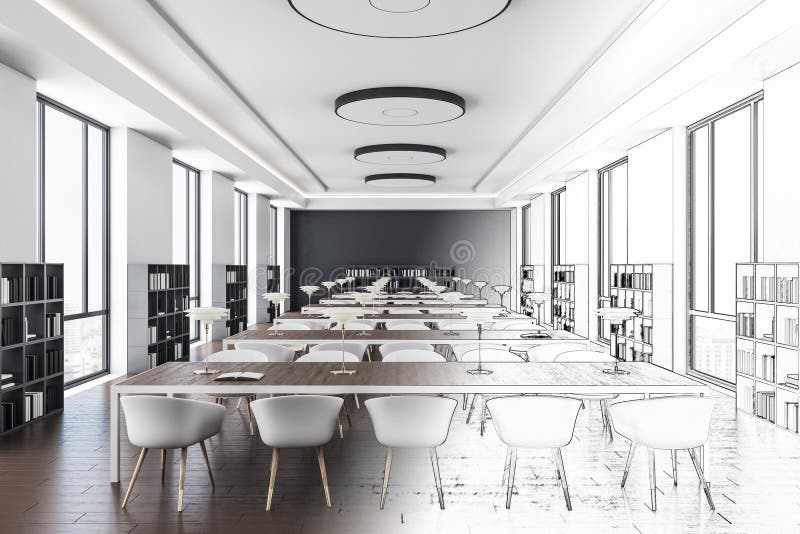 Drawing Modern Library Interior Stock Illustration - Illustration of ...