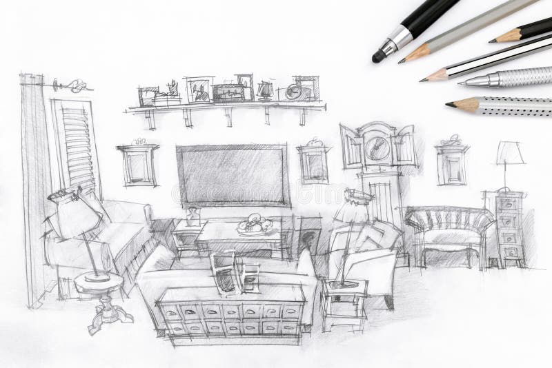 Drawing of a Modern Living Room and Drawing Tools on Paper Stock Image ...