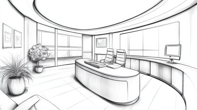 A Drawing of a Modern Office with an Oval Desk, AI Stock Image - Image ...