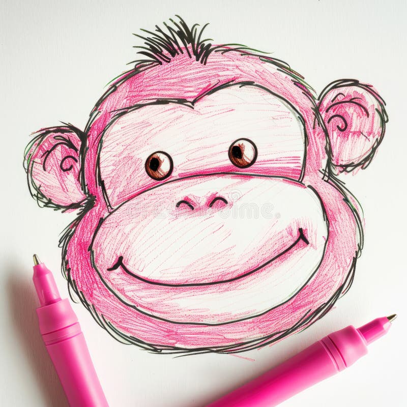 Drawing of a Monkey Made with a Pink Water Marker on Paper Stock Image ...