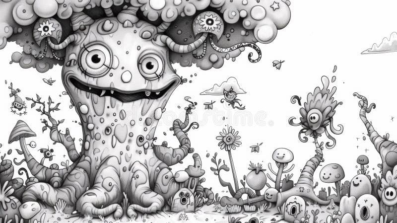 A Drawing of a Monster Tree with Many Other Creatures, AI Stock Photo ...