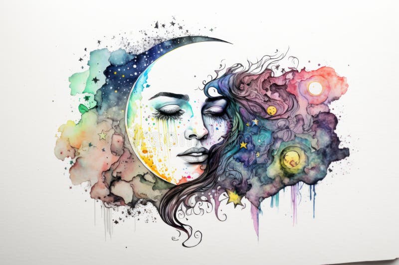 Drawing of Moon with Face. Beautiful Illustration Picture Stock ...