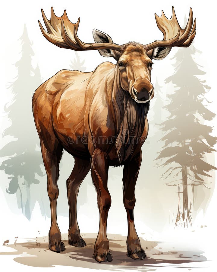 A Drawing of a Moose Standing in Front of a Forest. Generative Ai Stock ...