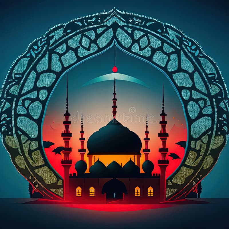 A Drawing of a Mosque with a Reddish Blue Background Stock Illustration ...